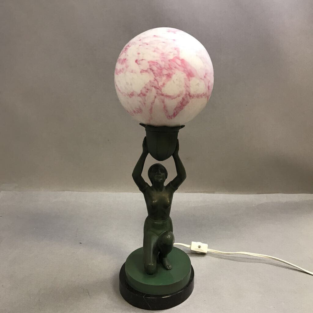 Art Deco Figural Lady Lamp Aged Bronze Marble Base Art Glass Globe (17 ...