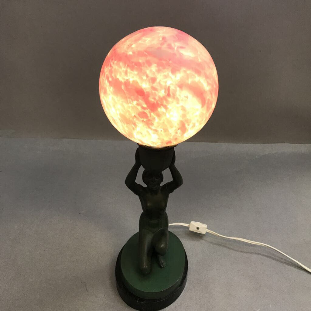 Art Deco Figural Lady Lamp Aged Bronze Marble Base Art Glass Globe (17 ...