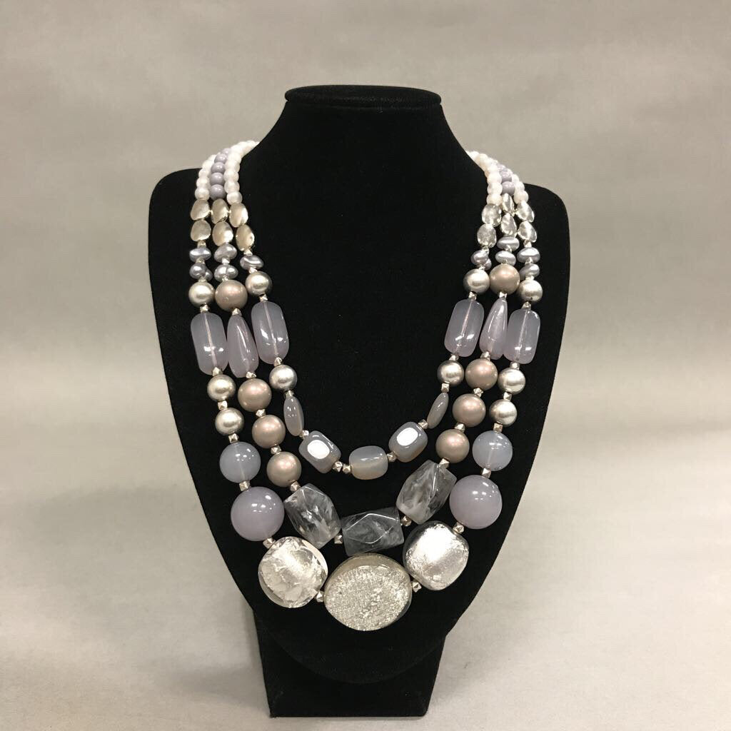 C1946 Gray Silver Pearl Triple Strand Art Bead Necklace